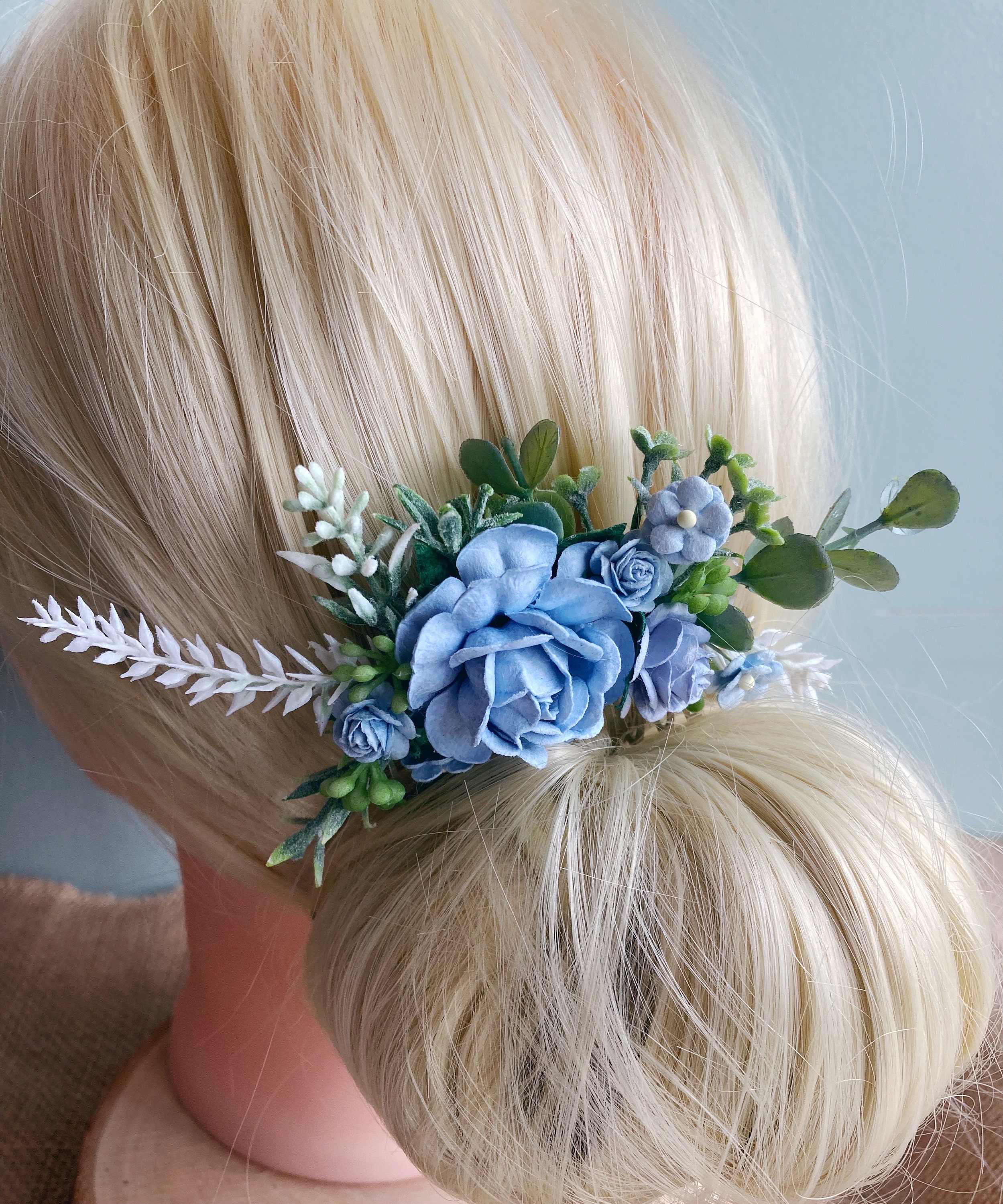 Dusky Dusty Blue Flower Hair Comb / Bridesmaid Bridal Wedding Hairpiece ...