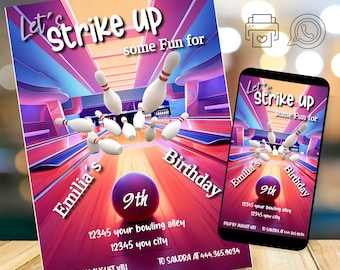 Night Bowling Birthday Invitation Digital Download Canva - Etsy