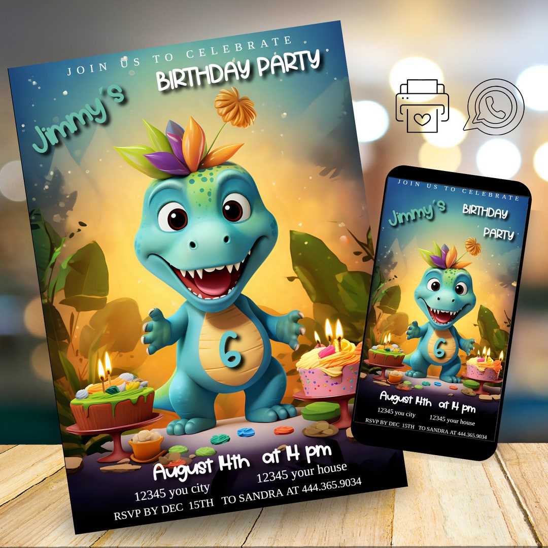 Dino Birthday Invitation Template Editable Digital Download, Dinosaur ...