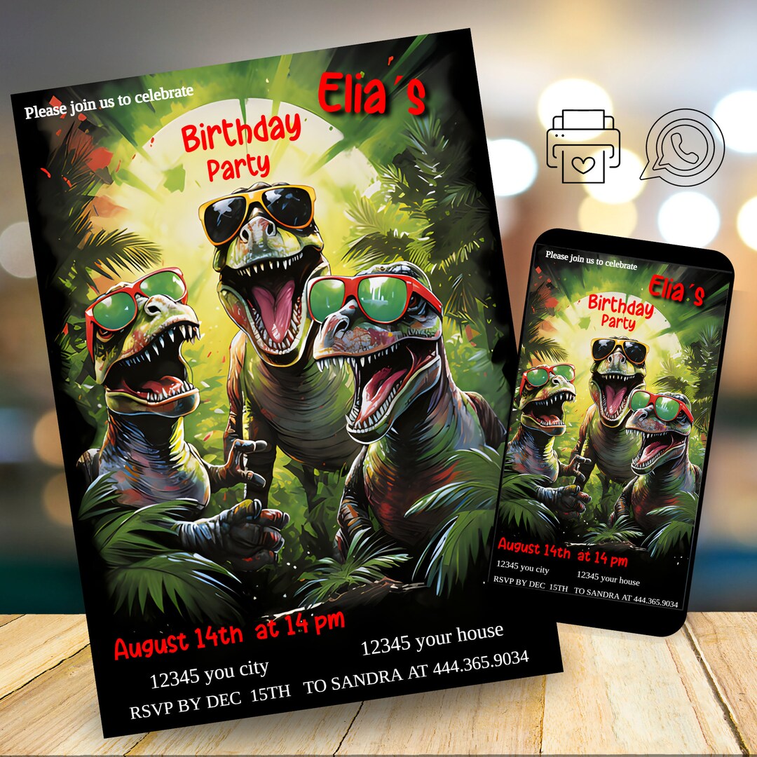 Dino Birthday Invitation Template Editable Digital Download, Dinosaur ...