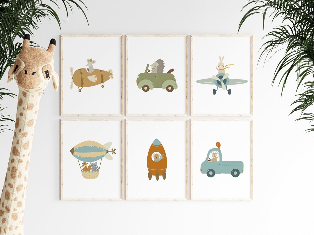 Whimsy Animals & Vehicles Nursery Prints, Wall Art Set of 6 Prints, Boy ...