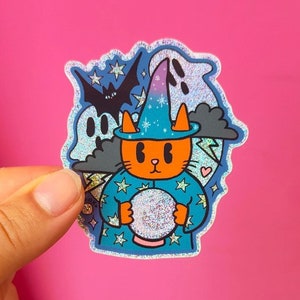 Wizard Ginger Cat Summoning Ghosts Glitter Crystal Ball Magic Halloween ...