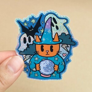 Wizard Ginger Cat Summoning Ghosts Glitter Crystal Ball Magic Halloween ...