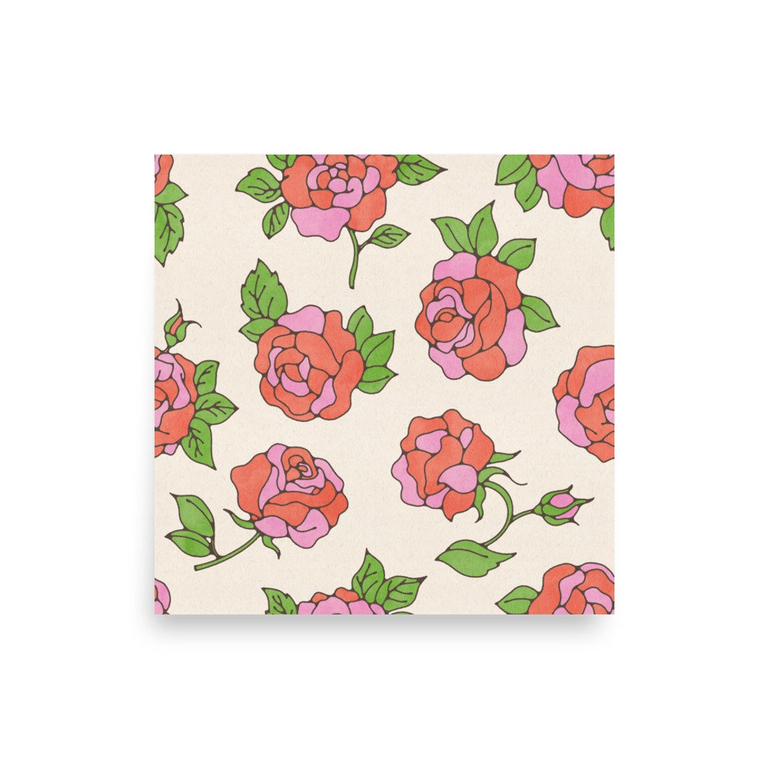 Roses Art Print Flowers Floral Portland PDX Rose Pink Red Illustration ...