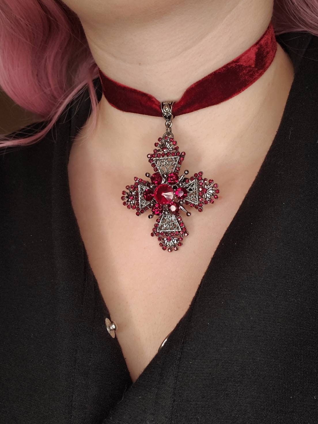 Medieval Choker Victorian Cross Red Velvet. - Etsy
