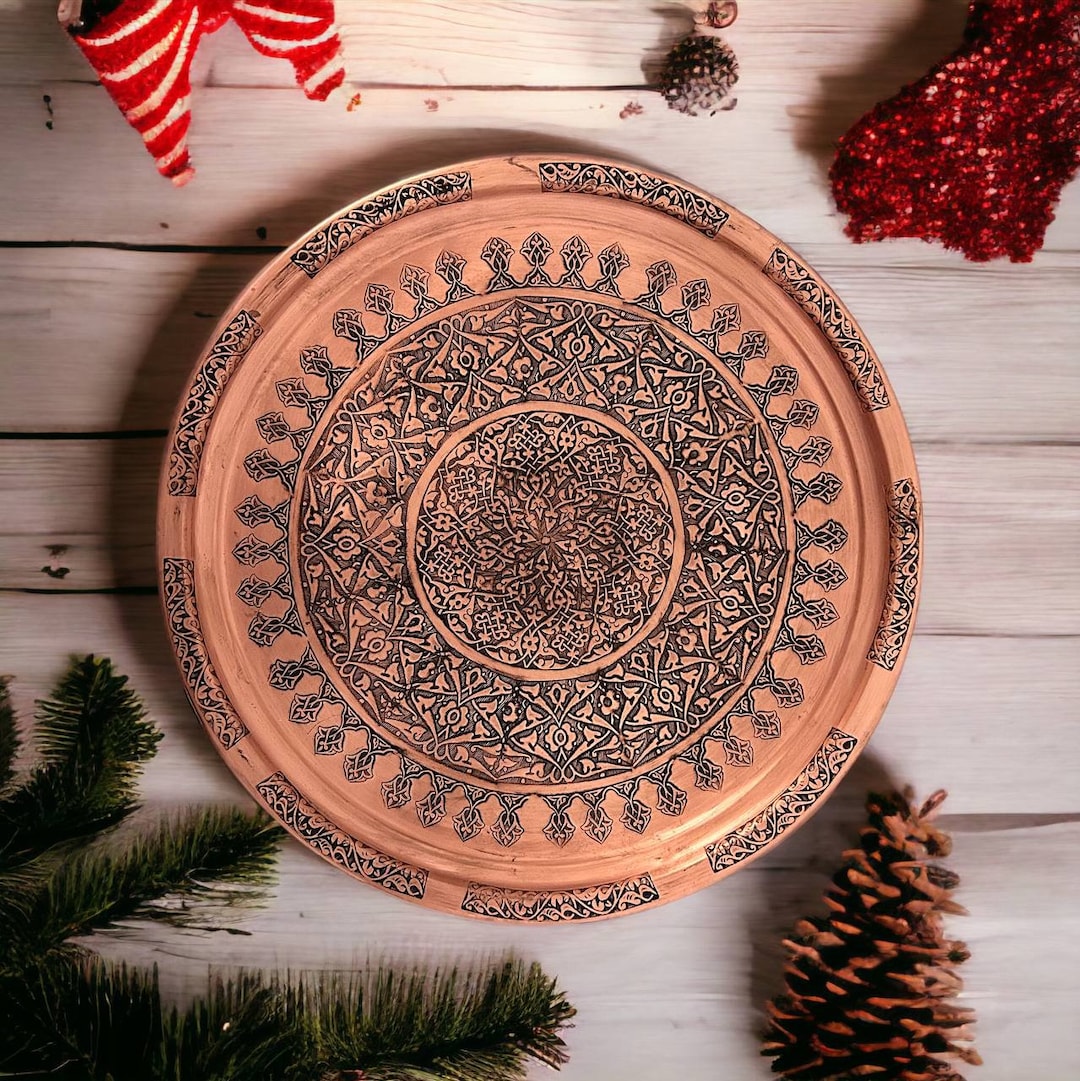 Round Copper Tray, Handmade Patterned Round Copper Tray, Embroidered ...