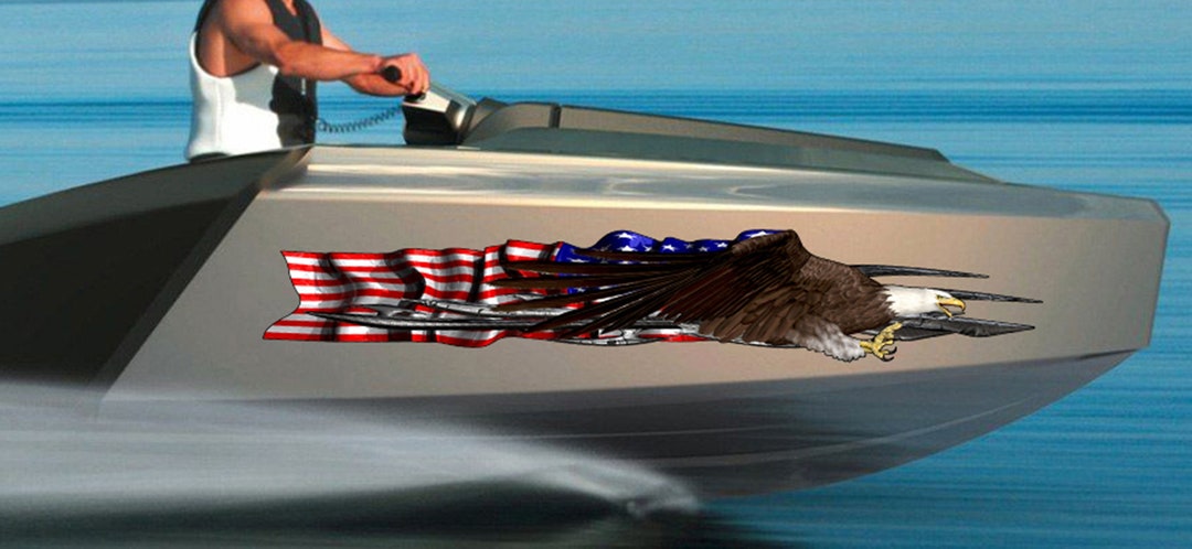 USA Flag Boat Wrap Ripped Metal, 3D Bald Eagle Watercraft Graphic, Full ...
