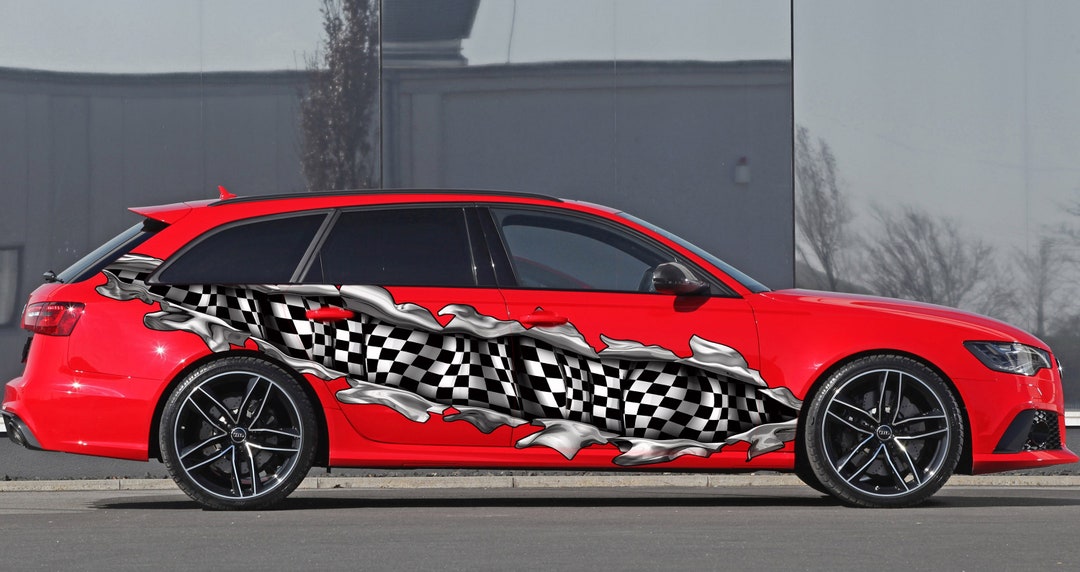 Ripped Metal Checkered Flag Car Wrap, Checkered Car Sticker, Checkered ...