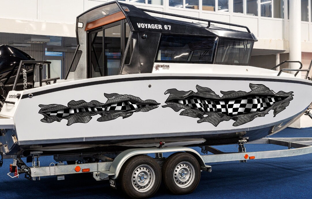 Ripped Metal Checkered Flag Boat Full Color Vinyl Sticker Watercraft ...