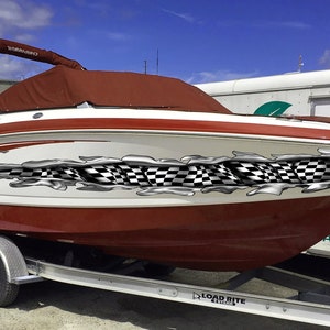 Ripped Metal Checkered Flag Boat Sticker, Racing Flag Boat Vinyl ...