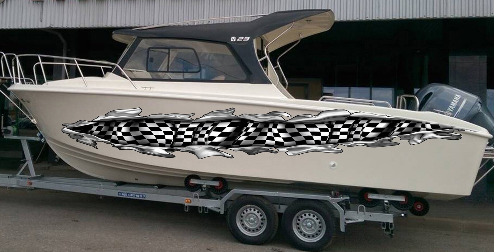Ripped Metal Checkered Flag Boat Sticker, Racing Flag Boat Vinyl ...