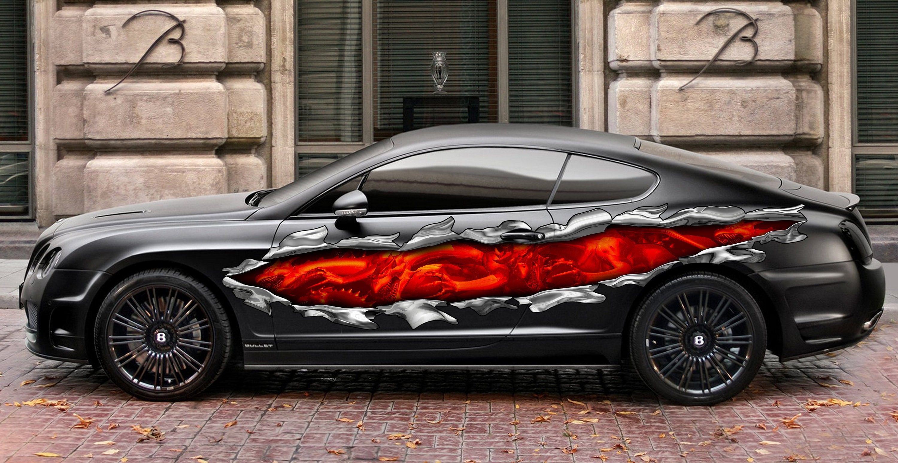 Car Wrap Tuning Red Neon Car Side Graphics Dragons Ripped Metal Car ...