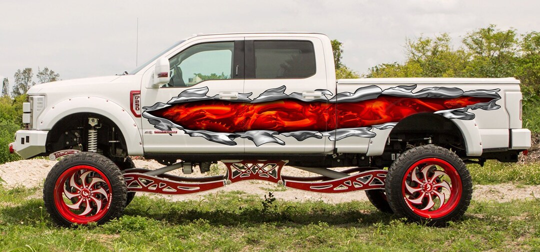 Red Dragons Car Decal, Ripped Metal Full Color Car Side Graphics ...