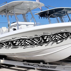 Ripped Metal Checkered Flag Boat Sticker, Racing Flag Boat Vinyl ...