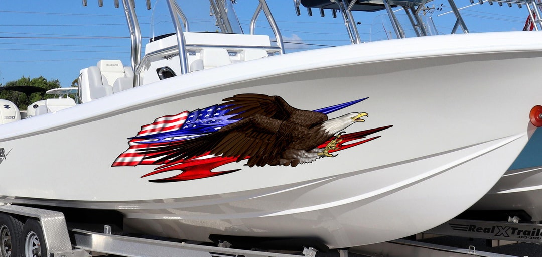USA Flag Boat Wrap Ripped Metal, 3D Bald Eagle Watercraft Graphic, Full ...