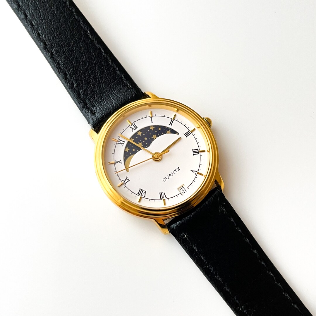 Vintage Unisex Gold-tone Moon Phase Quartz Watch With Black Leather ...