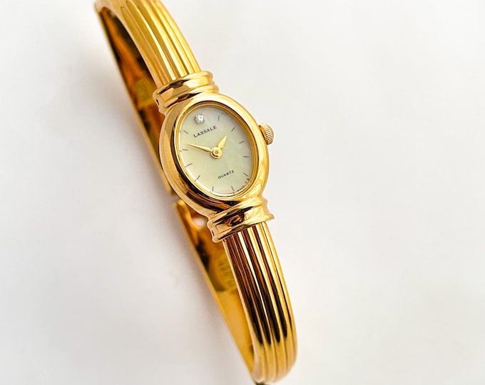 Very Rare 1990s Gold-plated Lassale (seiko) Articulated Bangle Quartz Watch With Mother of Pearl ...