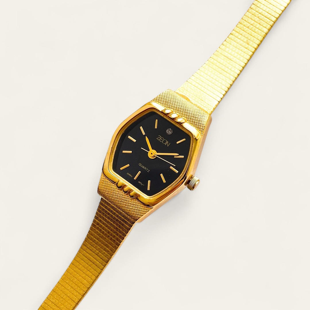 Vintage Gold-plated Zeon Ladies' Quartz Watch - Black Dial - Etsy