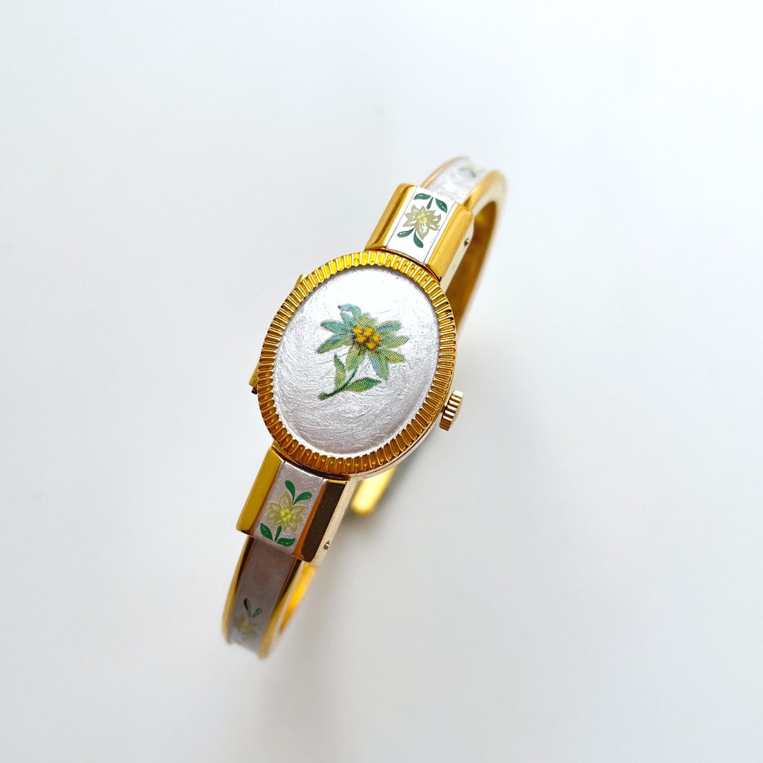 Vintage André Mouche Quartz Watch With Enamel Floral Design, Concealead ...