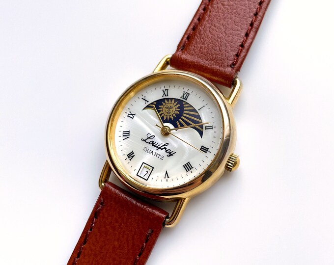 Vintage Unisex Louifrey Moon Phase Quartz Watch With Brown Leather ...