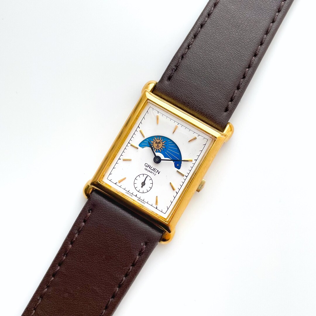 Vintage Unisex Gruen Sun & Moon Quartz Watch With Rectangular Dial - Etsy