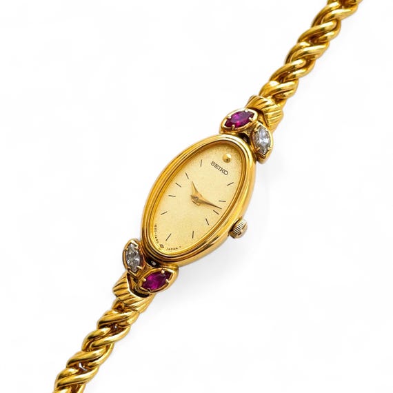 Vintage 90s Gold-Plated Seiko Watch: Diamond & Ruby A… - Gem