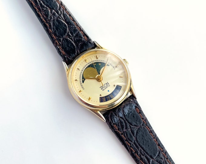 Vintage Ladies Zeon Moon Phase Quartz Watch With Dark Brown Leather ...