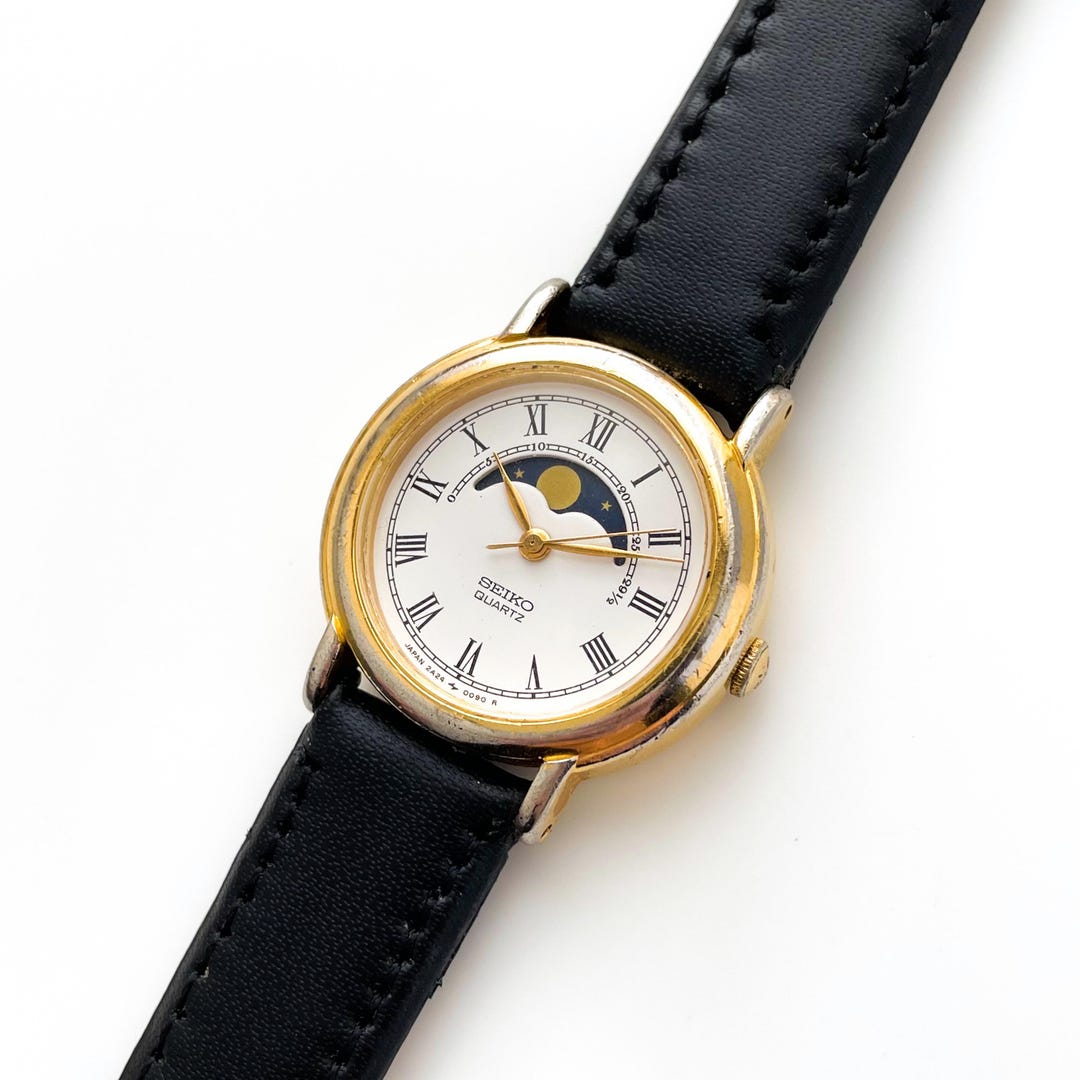 Rare Ladies' 90s Moon Phase Seiko Quartz Watch With Black Leather Strap ...