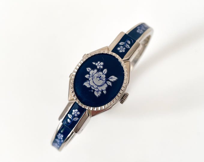 Vintage André Mouche Quartz Watch With Navy Enamel Floral Design ...