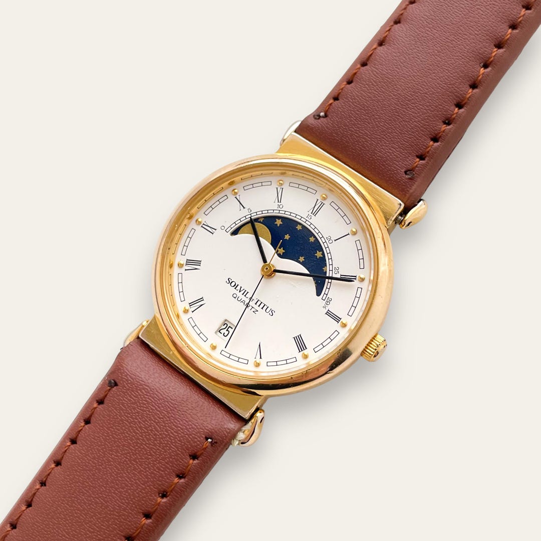 Vintage Solvil & Titus Moon Phase Quartz Watch - Brown Leather Strap - Etsy