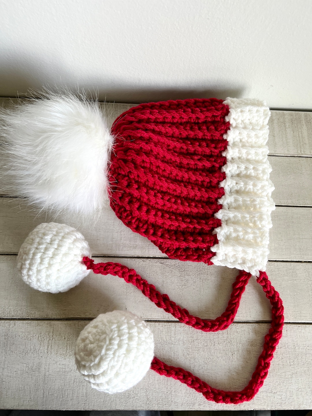 Crochet Santa Bonnet, Christmas Beanie, Red Knit Hat, Holiday Hat ...