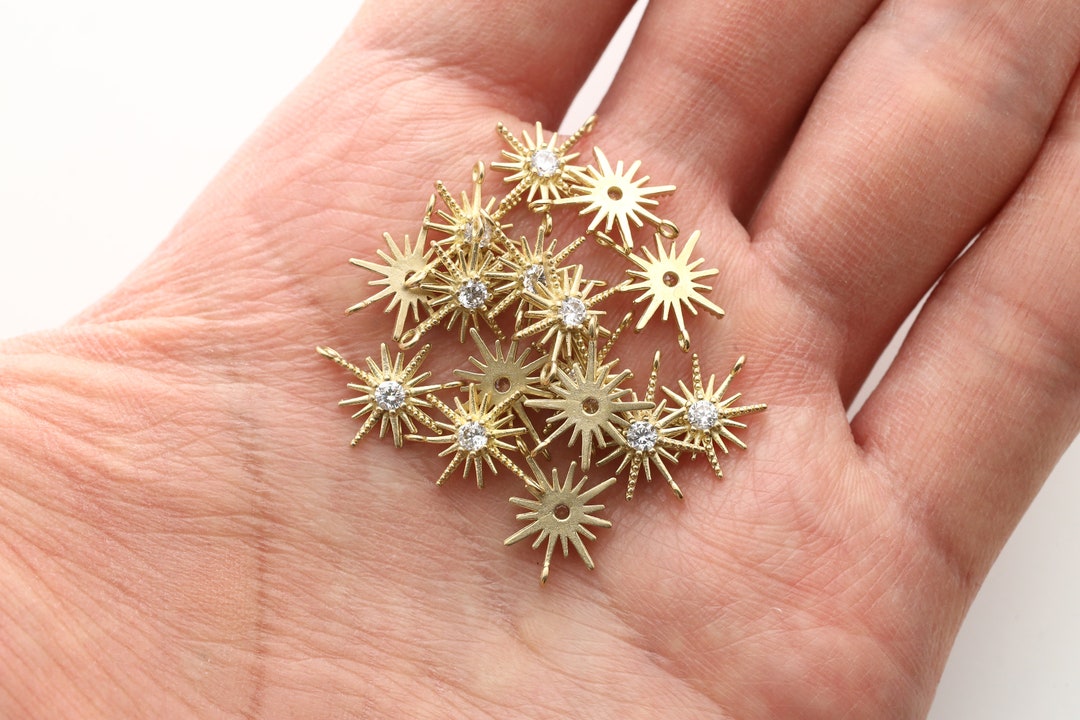 RAW BRASS, Cubic Star Charm W/ Two Loops, Brass, Cubic Zirconia ...
