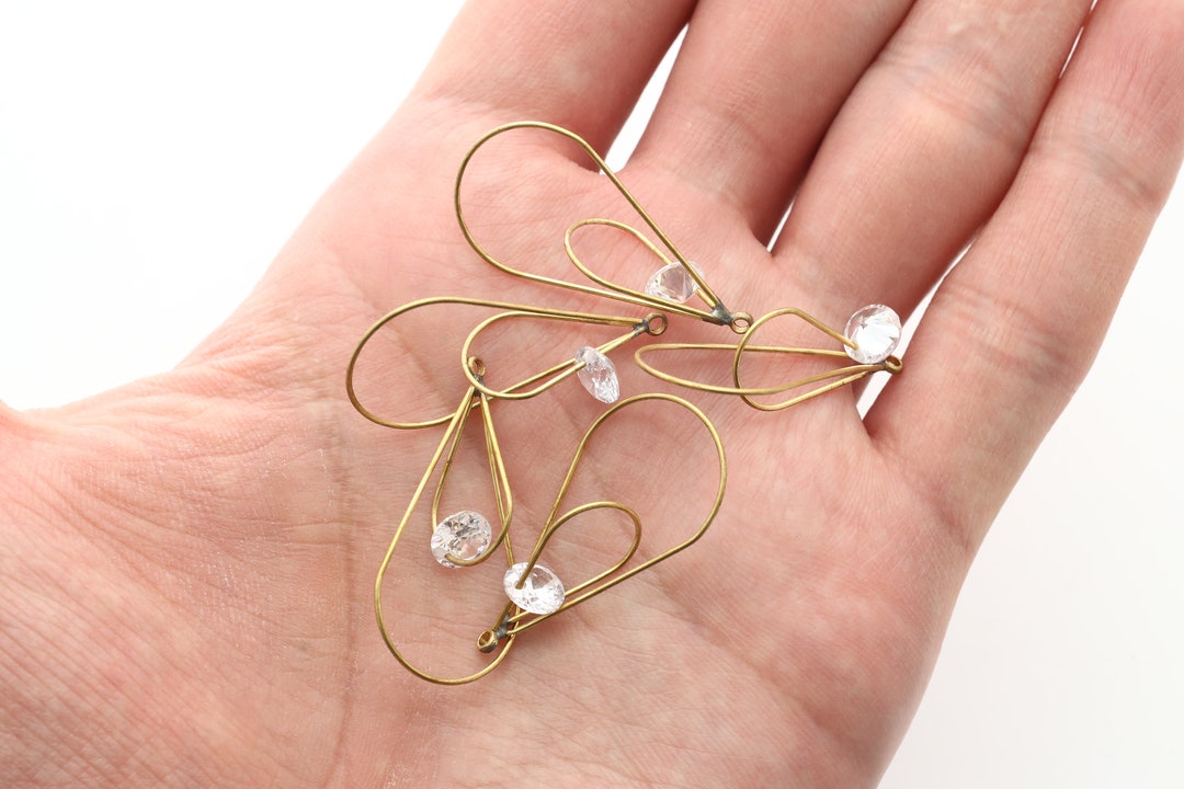 RAW BRASS, Double drop wire charm w/ cubic, Brass, Cubic zircnoia ...