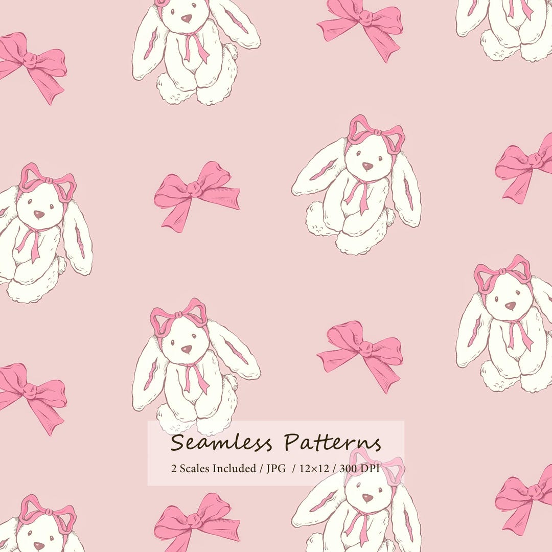 Hand Drawn Pink Bunny Seamless Pattern | Soft Vintage Nursery Digital ...