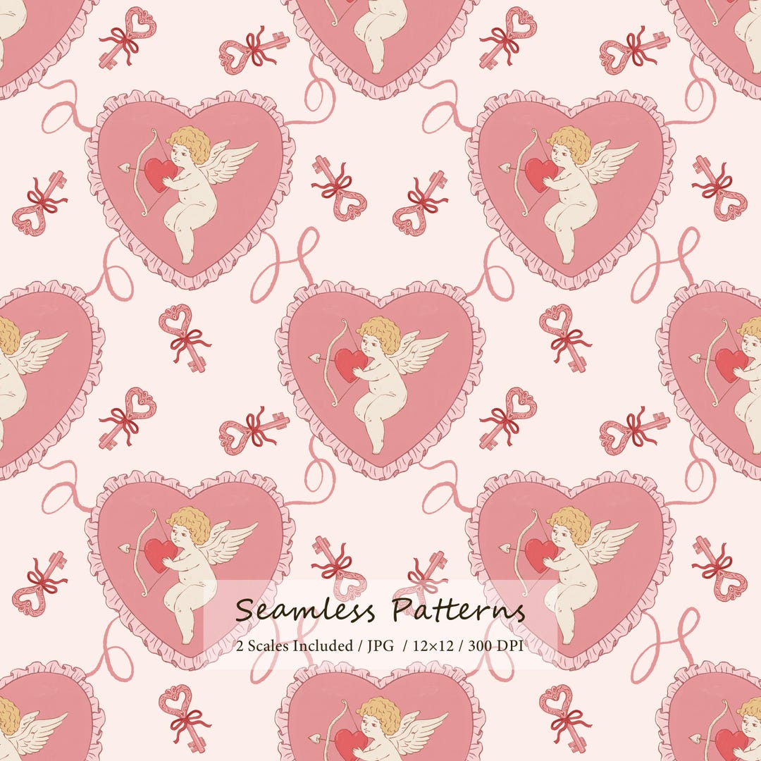 Romantic Pink Cupid Heart Seamless Pattern | Vintage Frill Frame ...