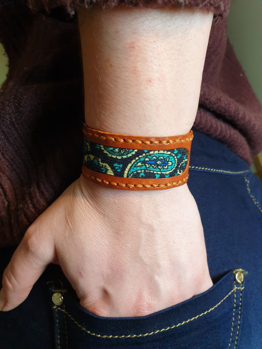 Leather Wrist Band With Paisley Inlay Featuring an Ajustable - Etsy