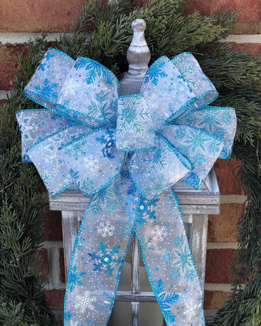 Blue Snowflake Bow, Winter Snowflake Bow for Front Door, Snowflake ...