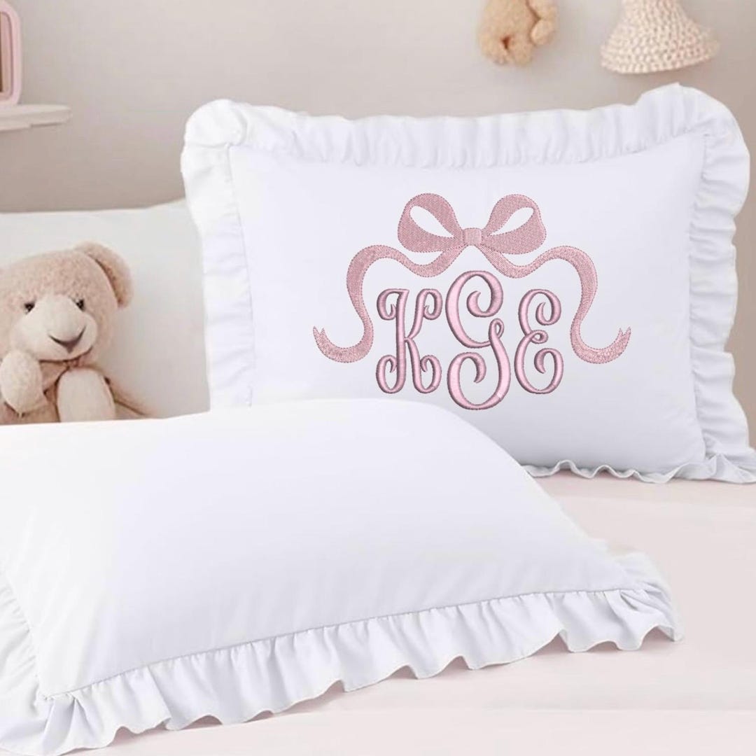 Embroidered Monogram Muslin Baby Pillow With Ruffles, Name Pillow, Bow ...