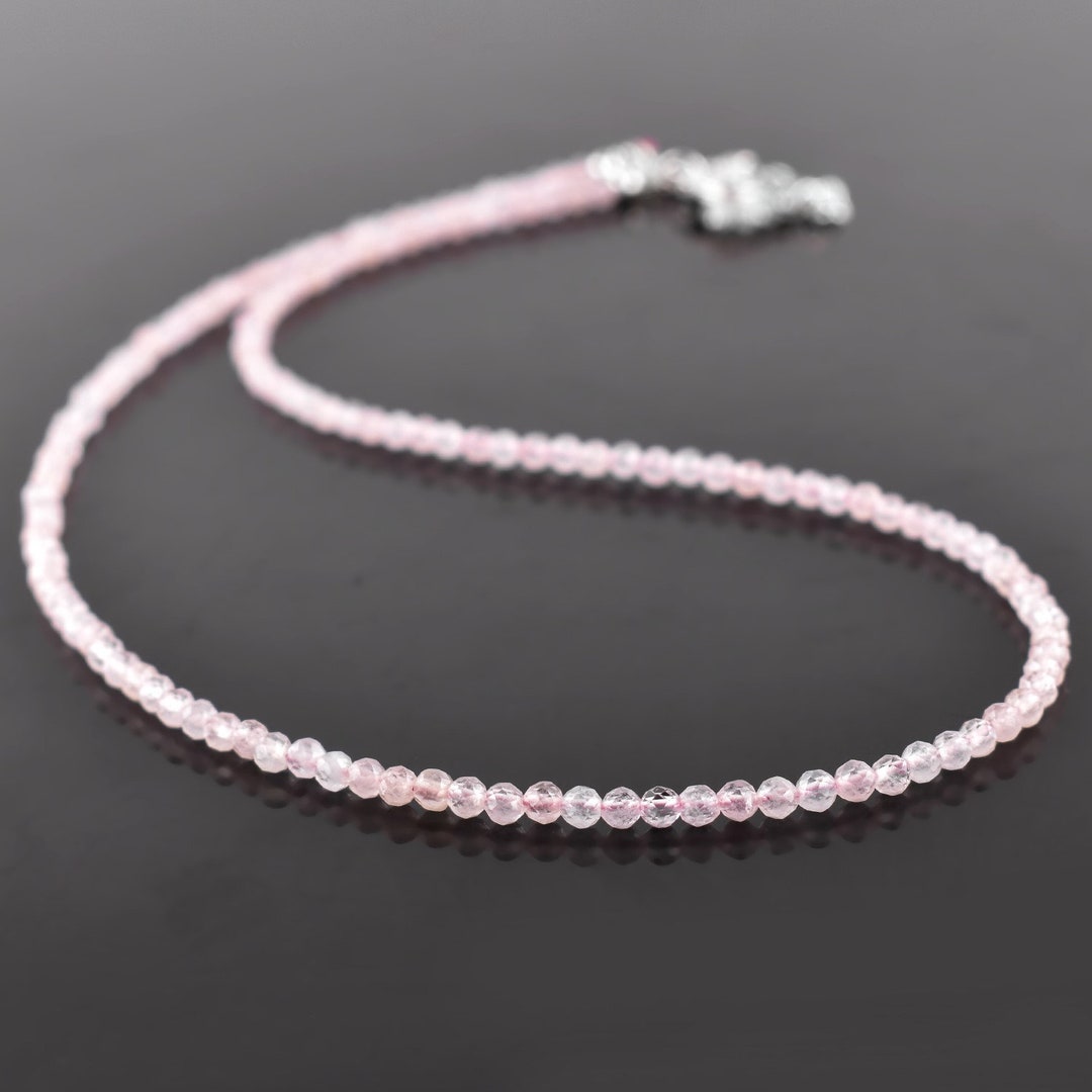 Pink Morganite Gemstone Micro Bead Necklace: Silver Plated Dainty ...