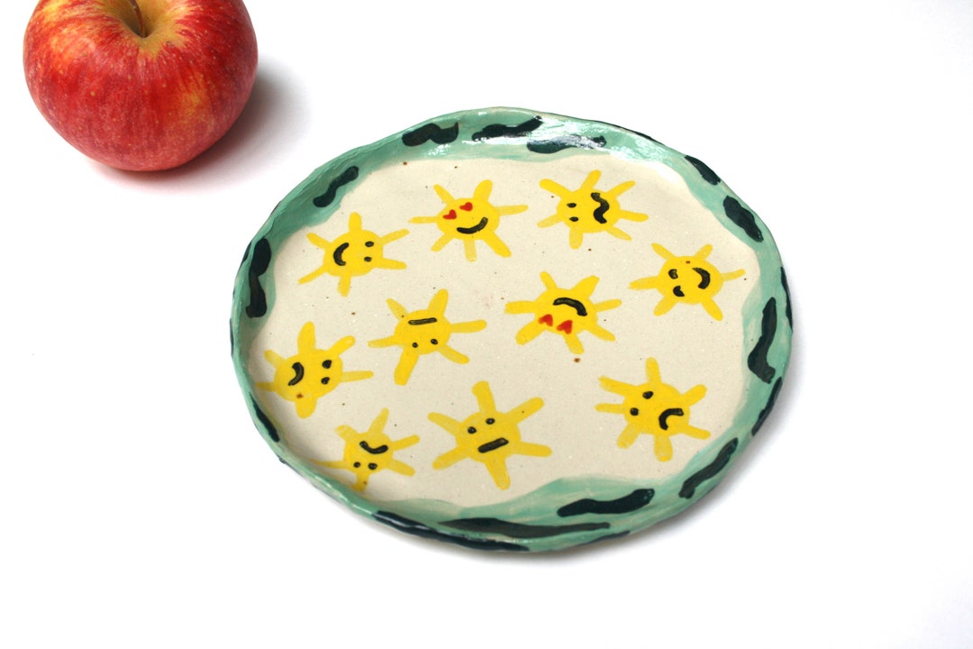 Ceramic Plate Illustrated Smiley Suns Emotions in Enameled Stoneware ...