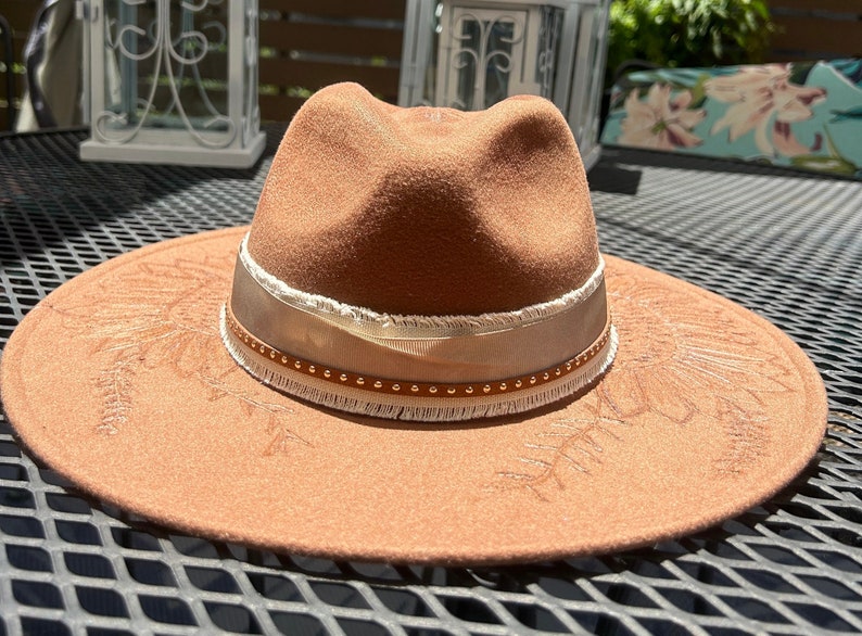 Light Brown Hand Burned Hat Country Hat Cowgirl Hat Custom Fedora Boho Hat Boho Burned Fedora ...