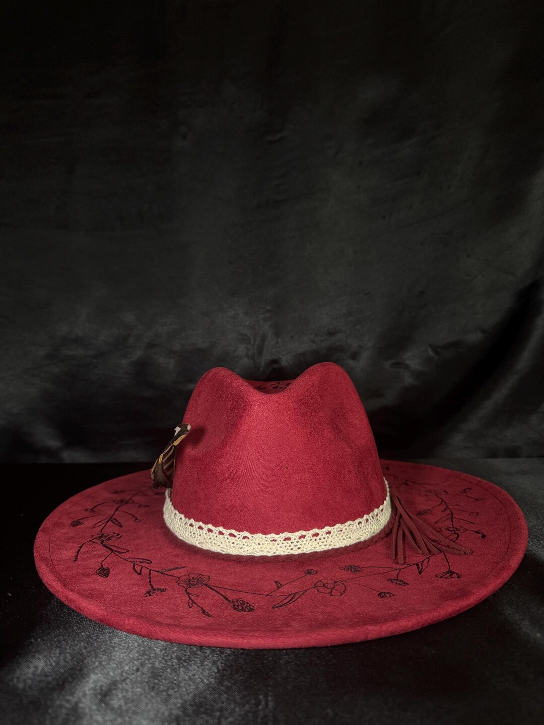 Red Wildflower Engraved Hat, Floral Burned Hat,floral Engraved Fedora ...