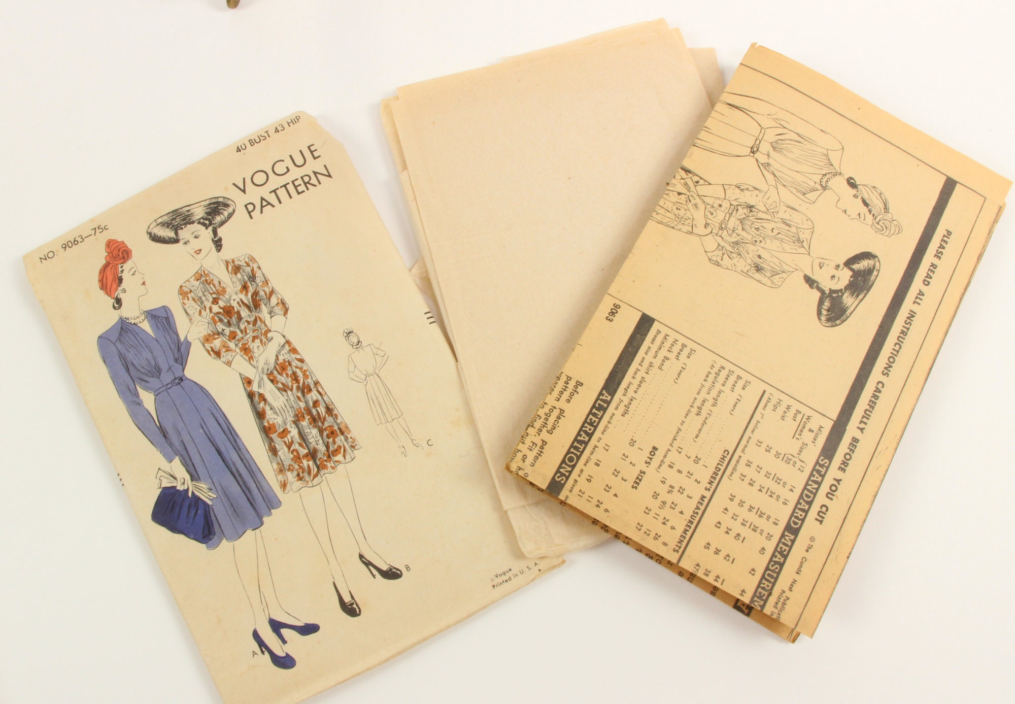 Vintage 1940's Vogue 9063 Dress Pattern, Size 40 Bust, 43 Hips - Etsy