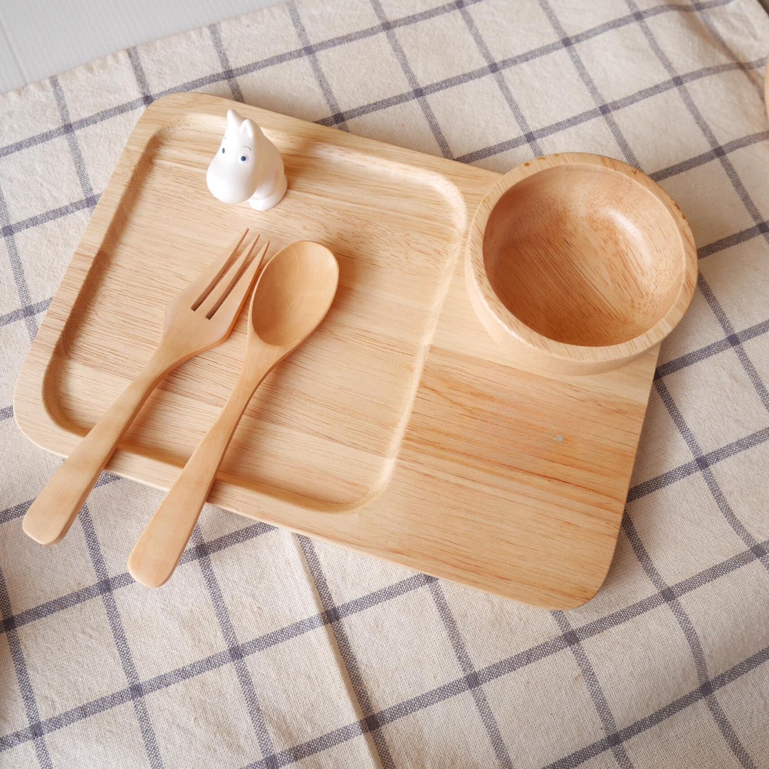 Handmade Wood Serving Tray With Bowl & Cutlery Kids' Breakfast Set ...