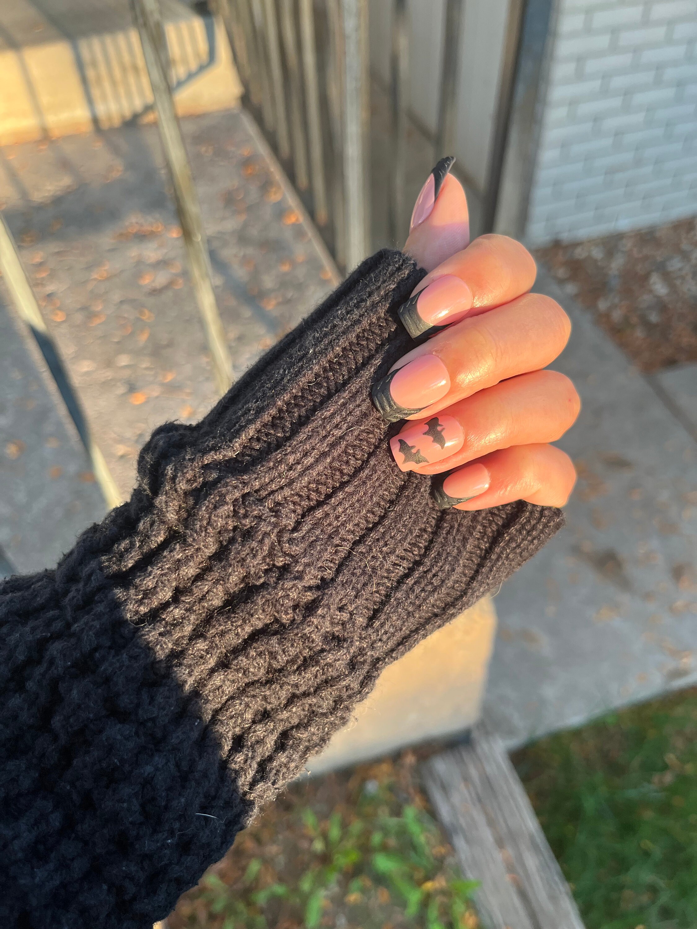 Black French Tip Bat Nails Short Square in Picture Halloween Nails - Etsy