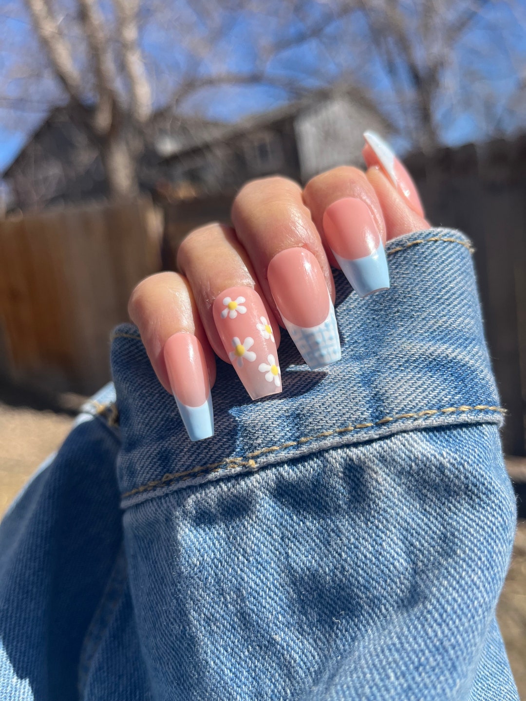Baby Blue Plaid Flower French Tip Nails| Medium Coffin in Picture ...