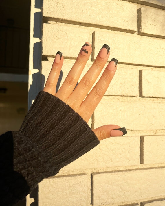 Black French Tip Bat Nails Short Square in Picture Halloween - Etsy