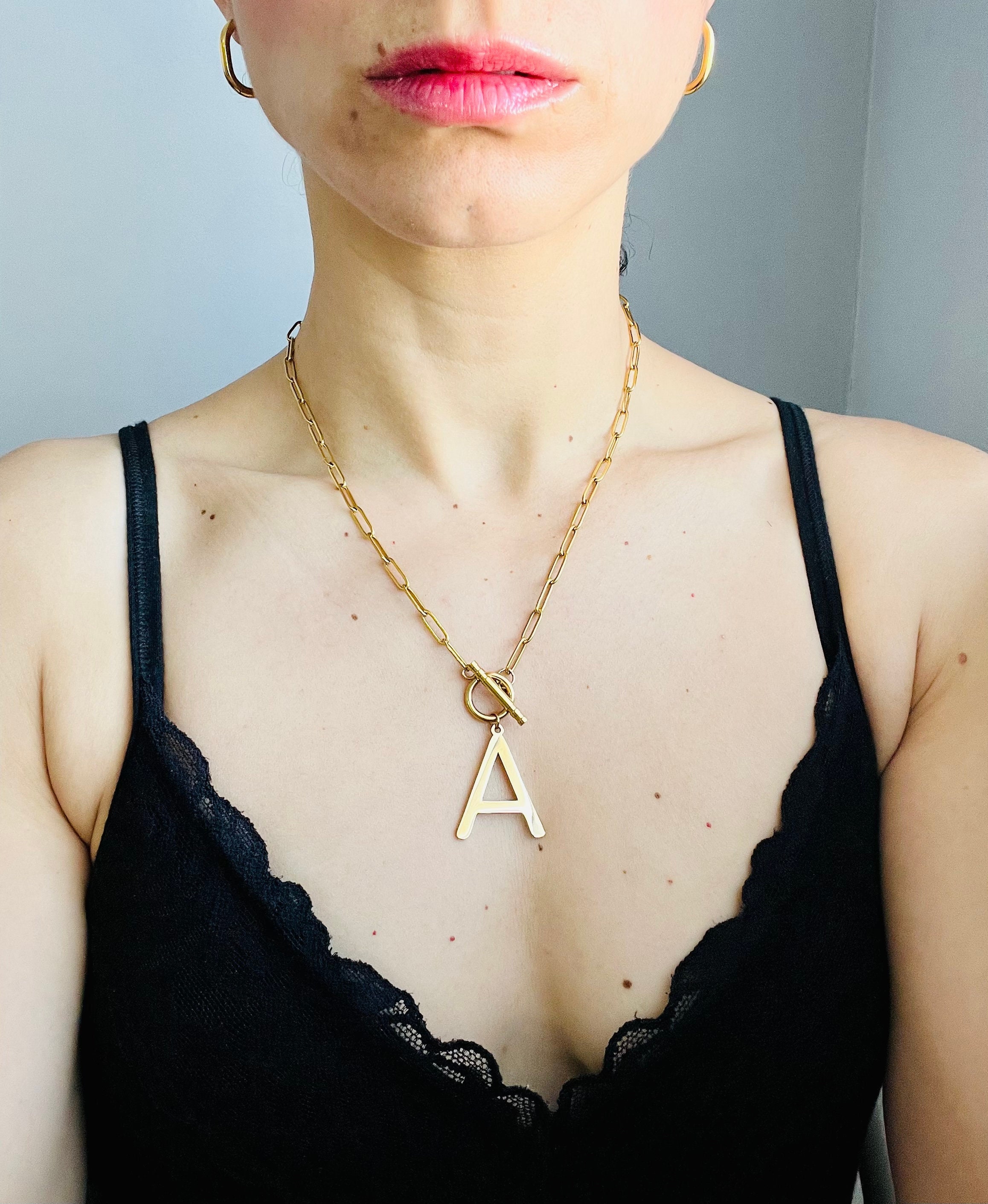 Lili Large Initial Necklace, Big Letter Necklace With Paperclip Chain, Jumbo Letter Necklace ...