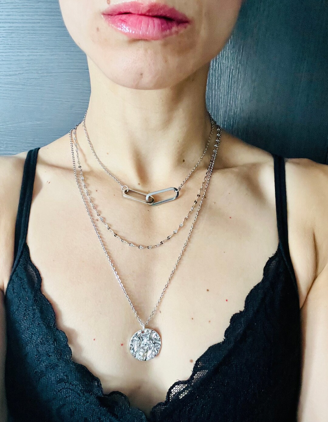 Lili Layered Sterling Silver Necklace Set, Silver Hammered Disc Pendant, Chunky Silver Paperclip ...