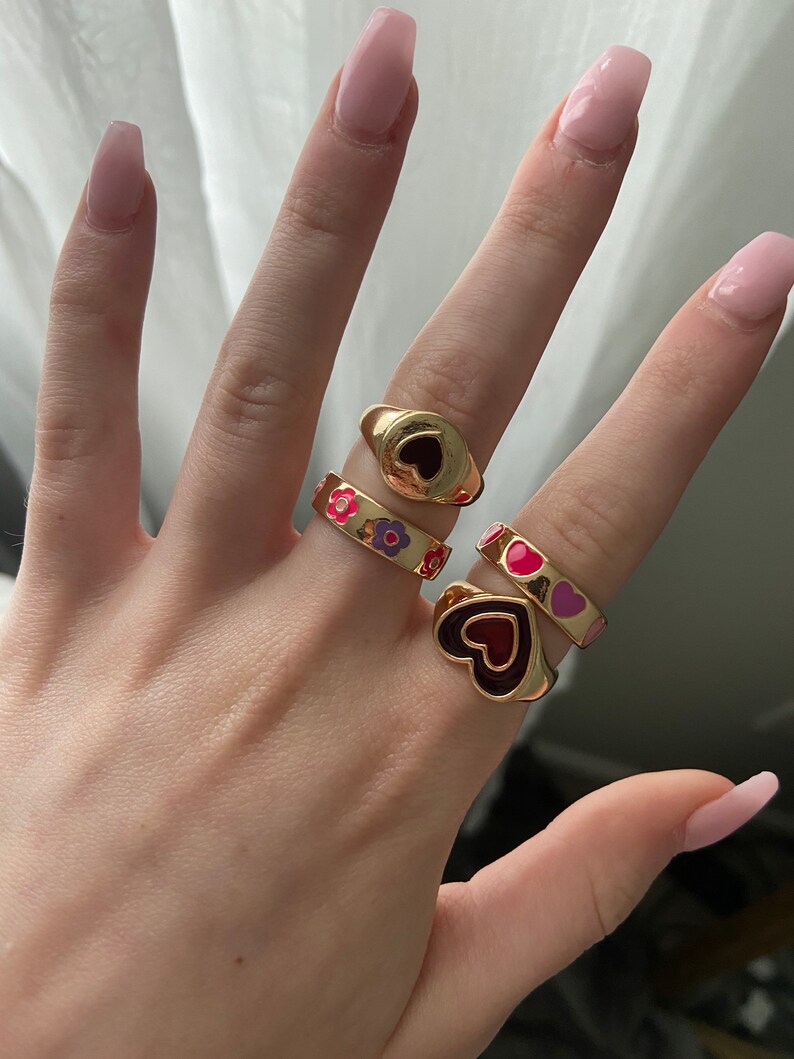 Gold & Pink Heart Rings, Flower Ring, Gold Jewelry, Gift for Her, Gold ...
